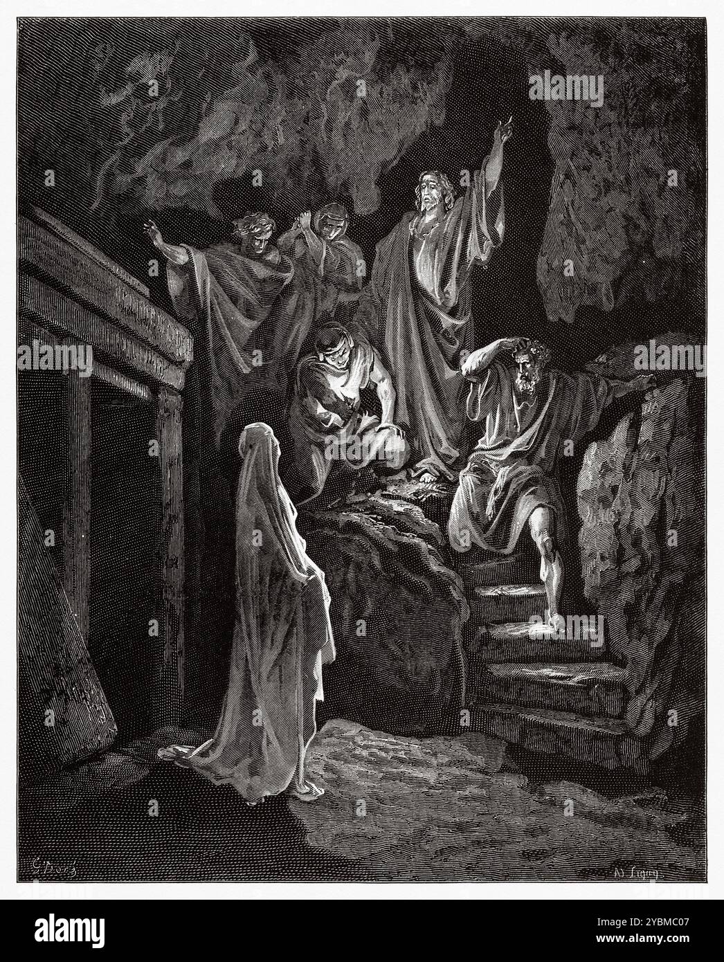 Jesus raising Lazarus from his tomb. New Testament. Antique bible ...