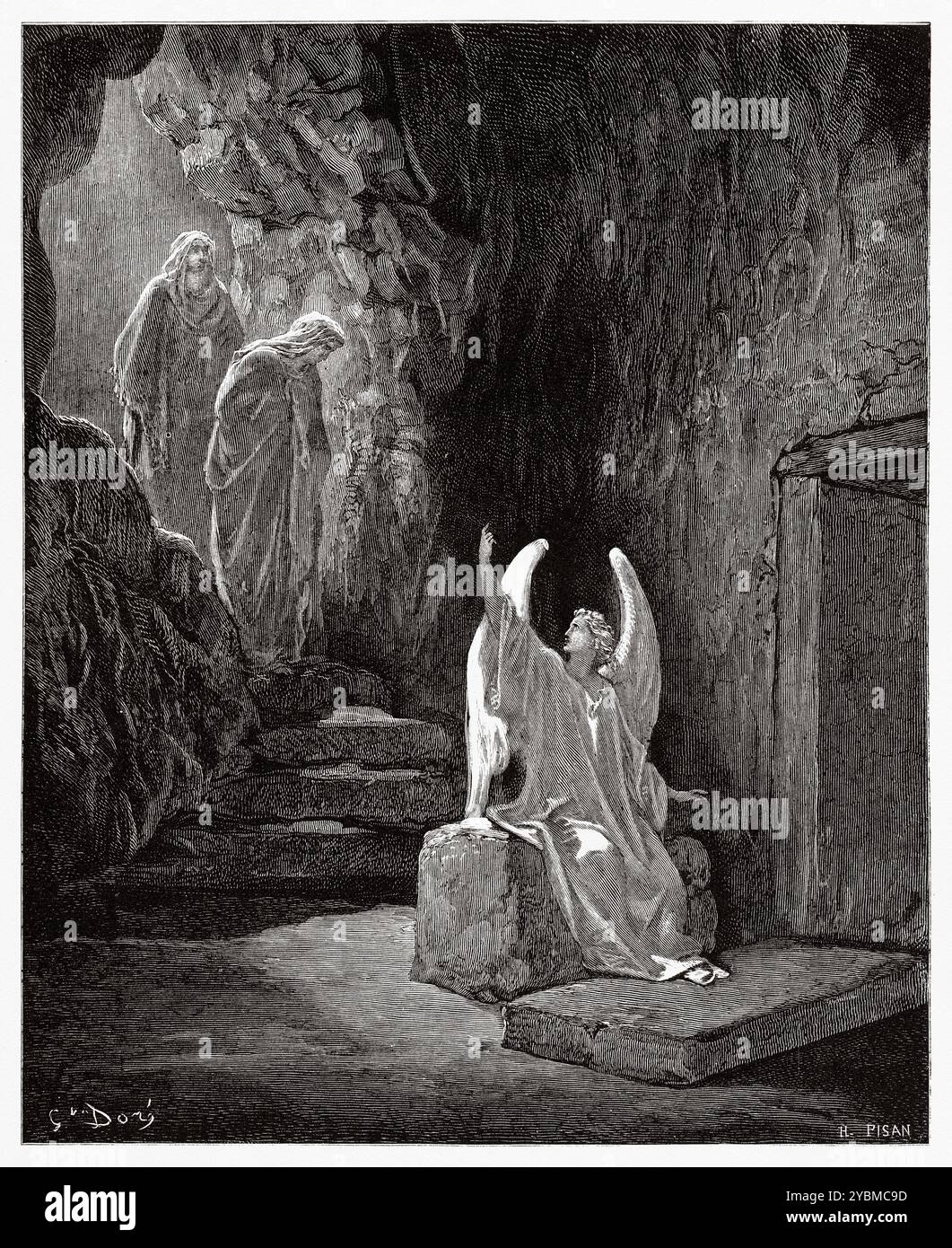 Resurrection of Christ. Angel showing Mary Magdalene and the holy women the empty tomb of Christ ...