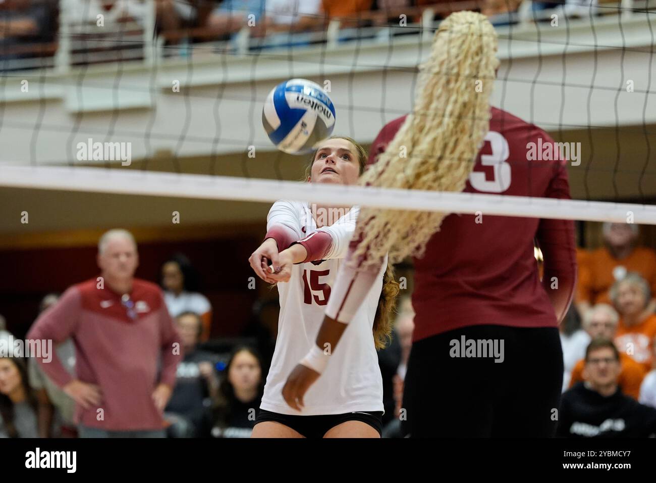 Arkansas libero Courtney JacksonÂ (15) digs the ball as middle blocker ...