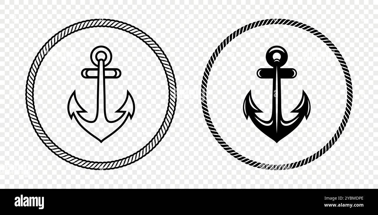 Anchor Icon Set. Flat Monochrome Anchor Shapes in Circular Rope Frame ...