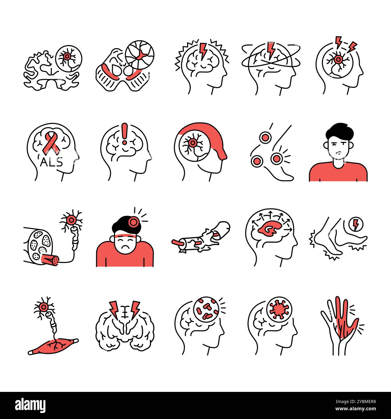 Neurological diseases line black icons set. Signs for web page, mobile ...