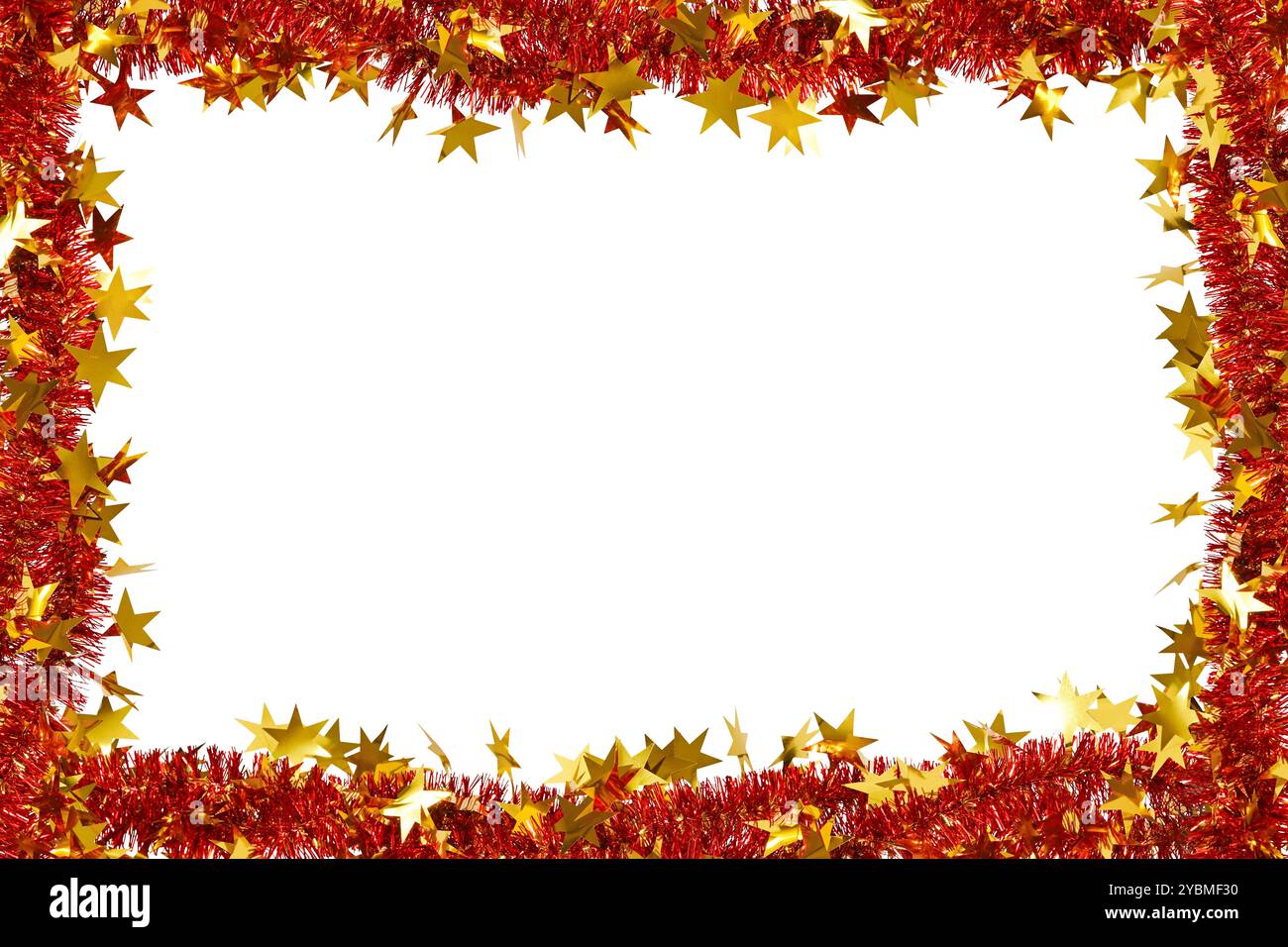 Festive Christmas frame, border. Bright red fluffy tinsel with golden ...