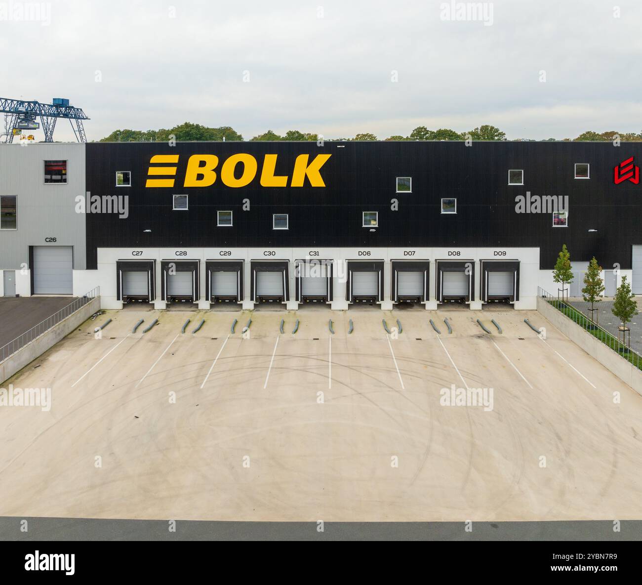 ALMELO, NETHERLANDS - OCTOBER 12, 2024: Aerial view of a new warehouse ...