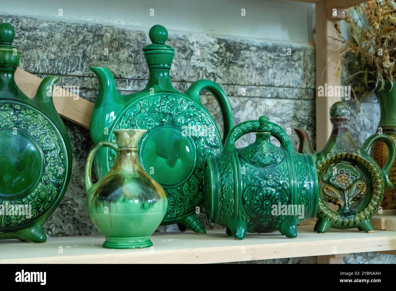Decanter bottle. Ukrainian dishes. Clay ceramics decor. Set different ...