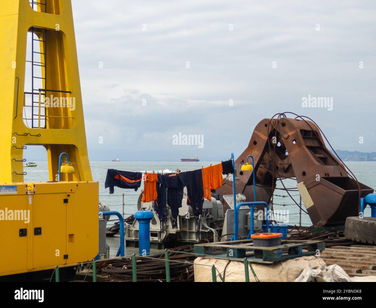 Linen is dried on the ship. Team members uniform. Laundry on a line ...