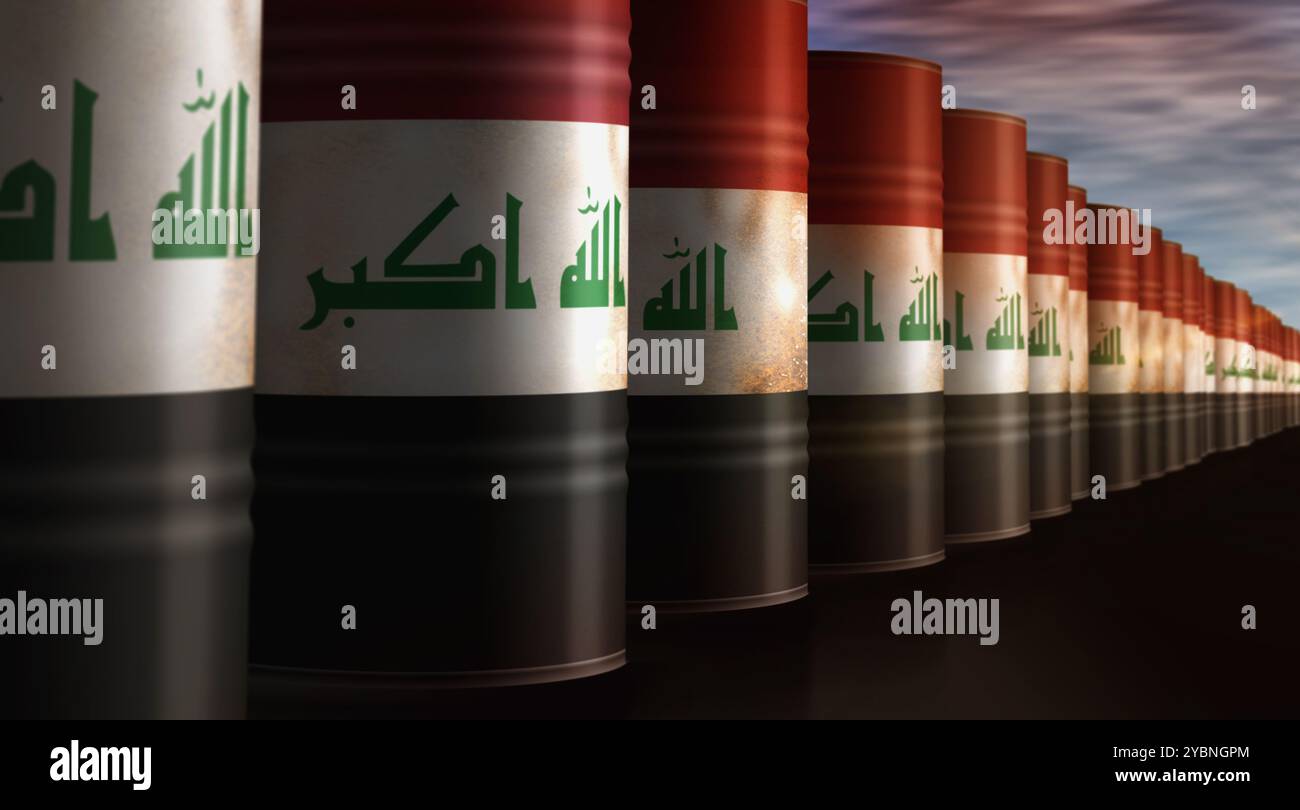 Iraq oil crude petroleum fuel barrels in row concept. Iraqi petrol ...