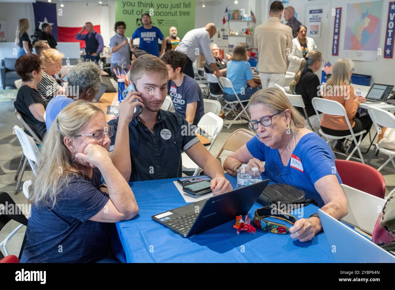 Austin Texas USA, October 18 2024: Volunteers make calls in a Texas get ...