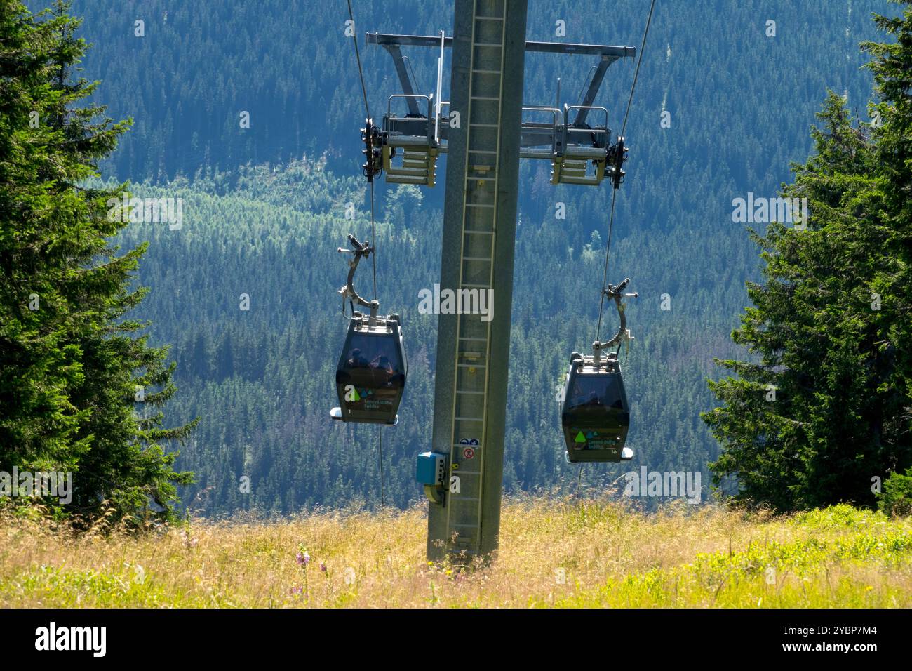 The cable car cabins pass each other, Krkonose National Park Czech ...