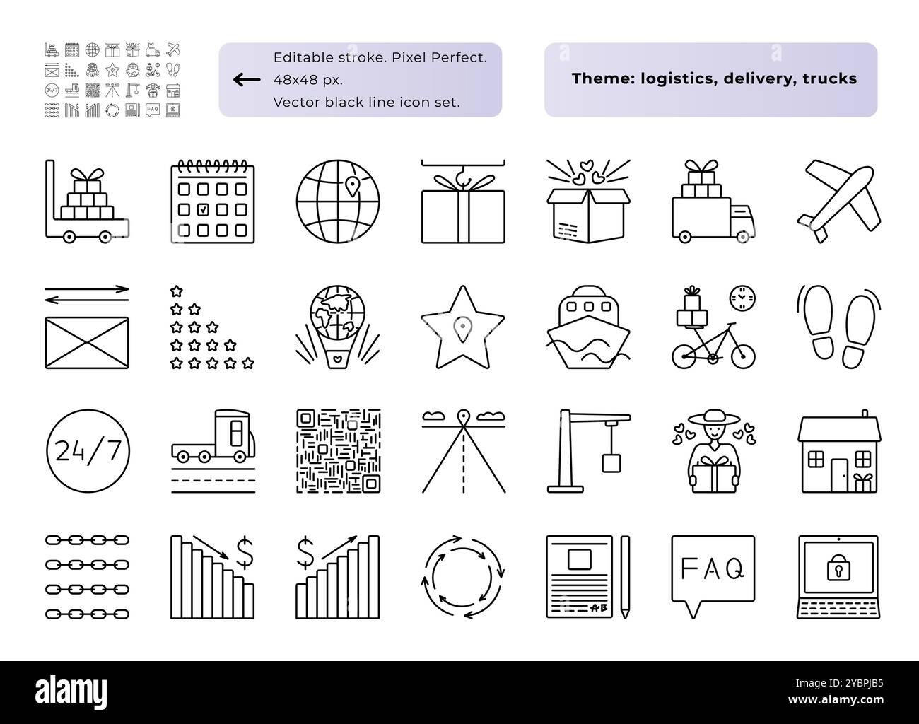 Logistics and cargo. Vector black line icon set, 28 signs - 48x48 px ...