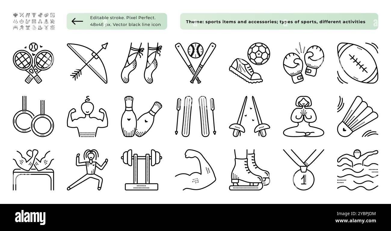 Types of sports, sporty items, black line icon set, 48x48 px and ...