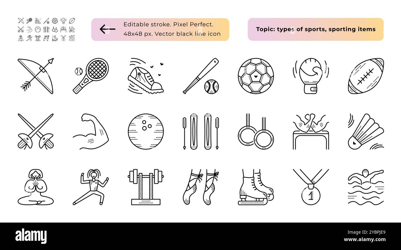 Types of sports, black line signs set. 21 vector editable stroke icons ...