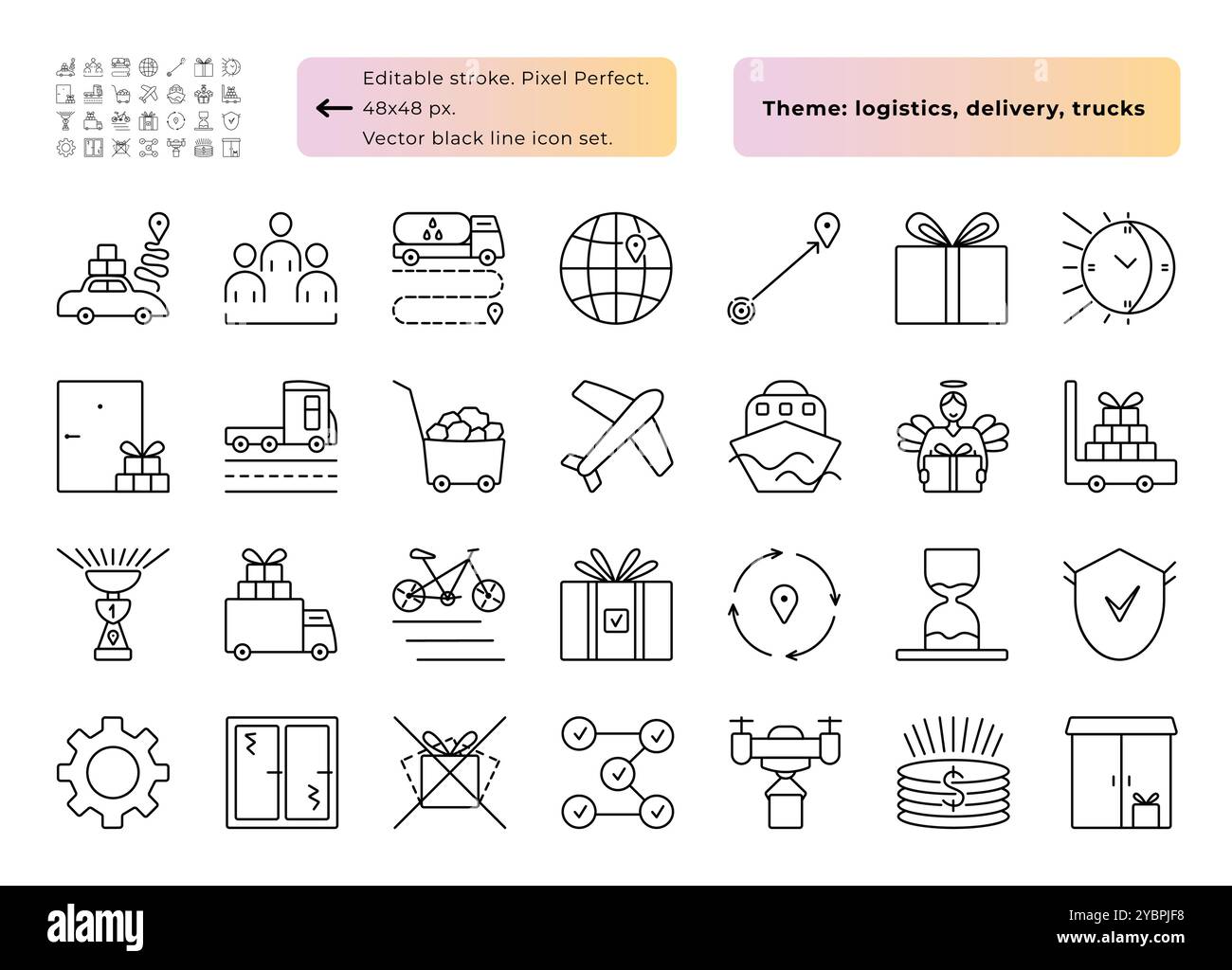 Delivery, logistics and trucks theme. Vector black line icon set, 28 ...