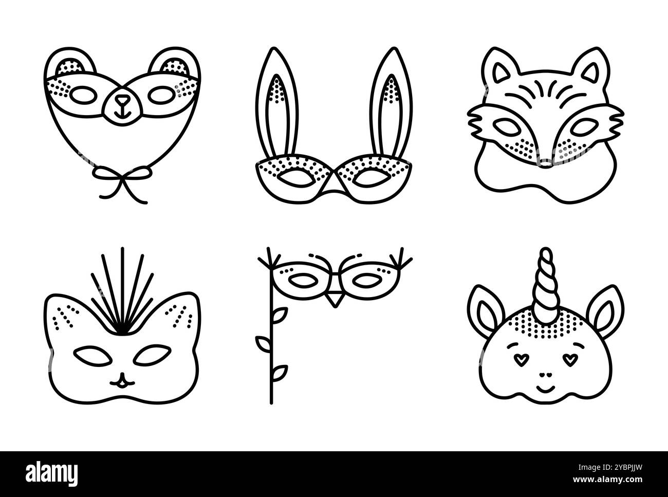 Animals masquerade masks, black line fauna icon set, 6 monochrome ...