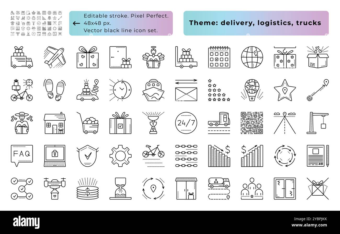 Delivery, logistics, trucks. Vector black line icon set, 50 signs ...
