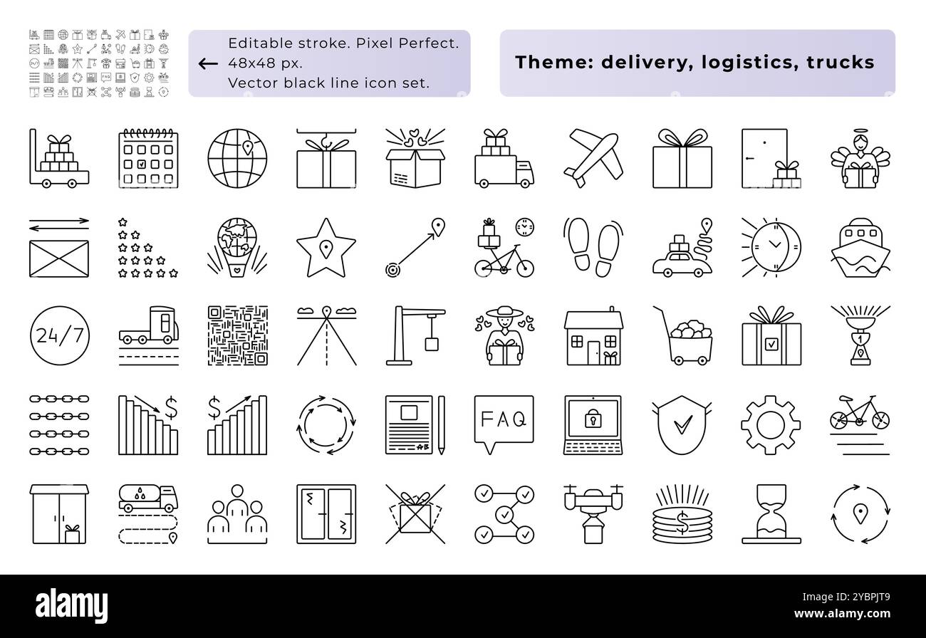 Logistics, shipping, cargo. Vector black line icon set, 50 signs ...