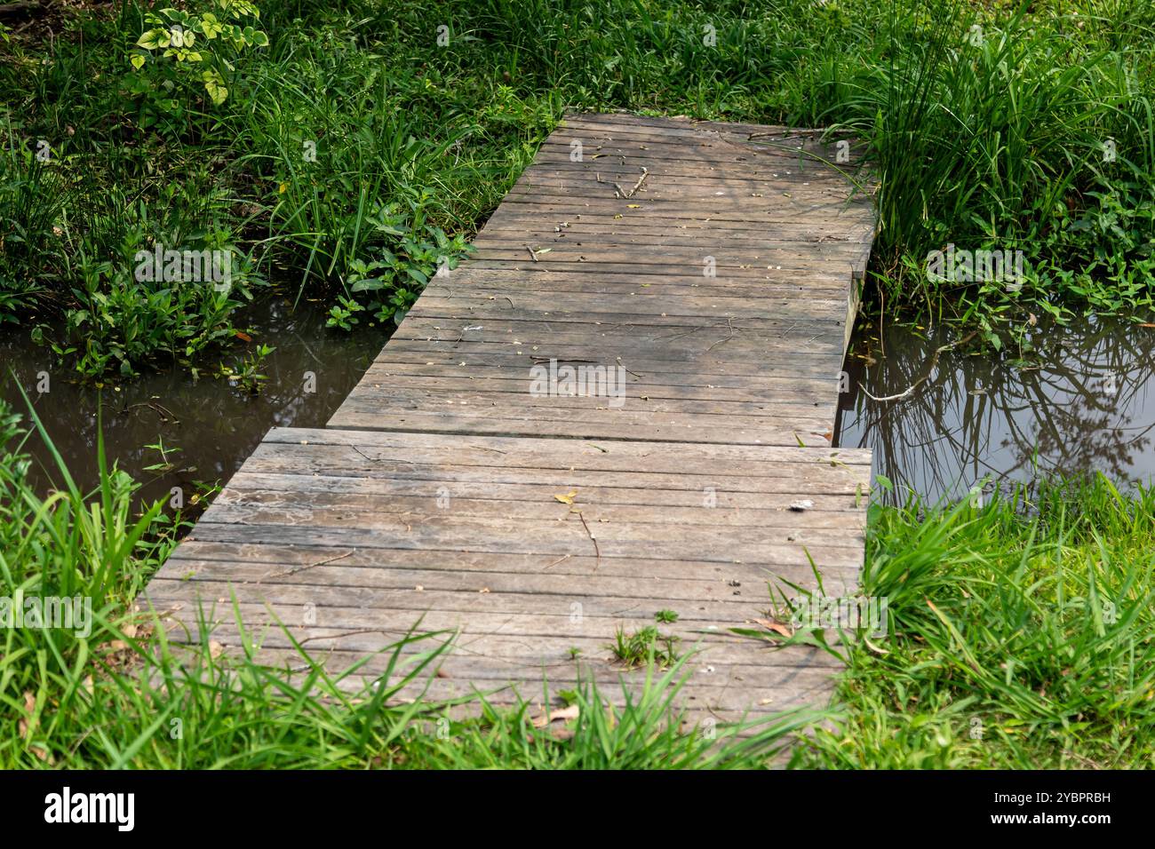 Small rustic wooden bridge, path to cross the stream Stock Photo - Alamy