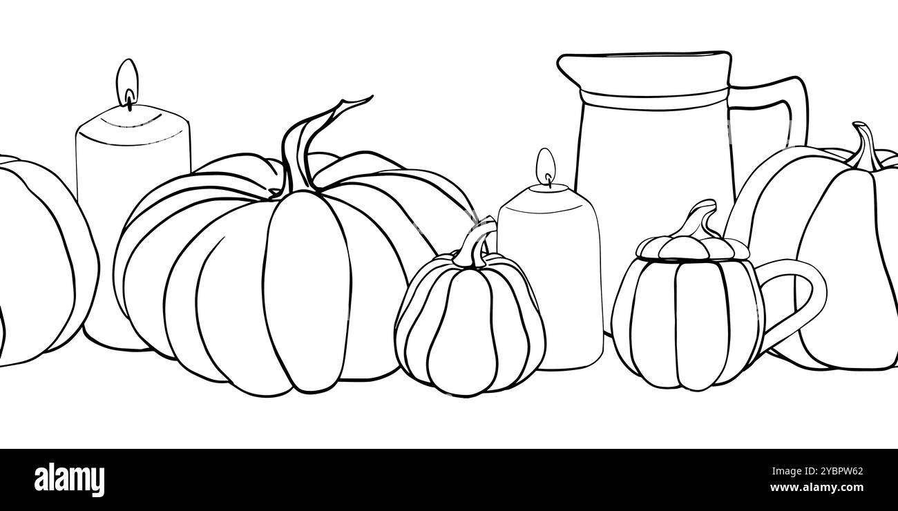Pumpkins seamless border. Hand draw Sketch pen and ink vintage vector ...