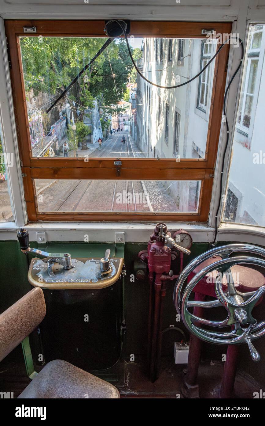 View out of iconic Elevador da Gloria in old town Lisbon with its ...