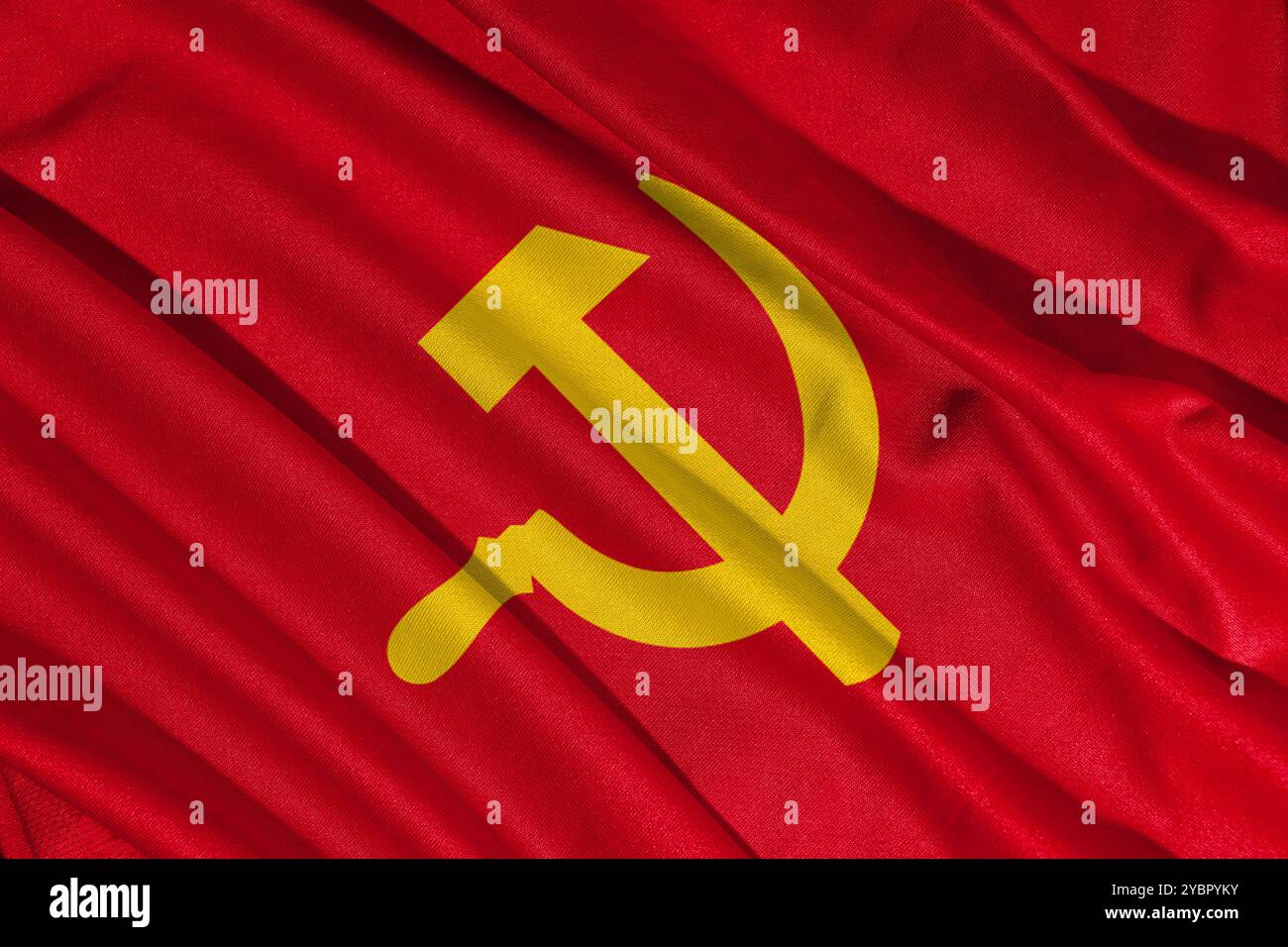Closeup, 3D illustration of Communist flag with wavy fabric texture ...