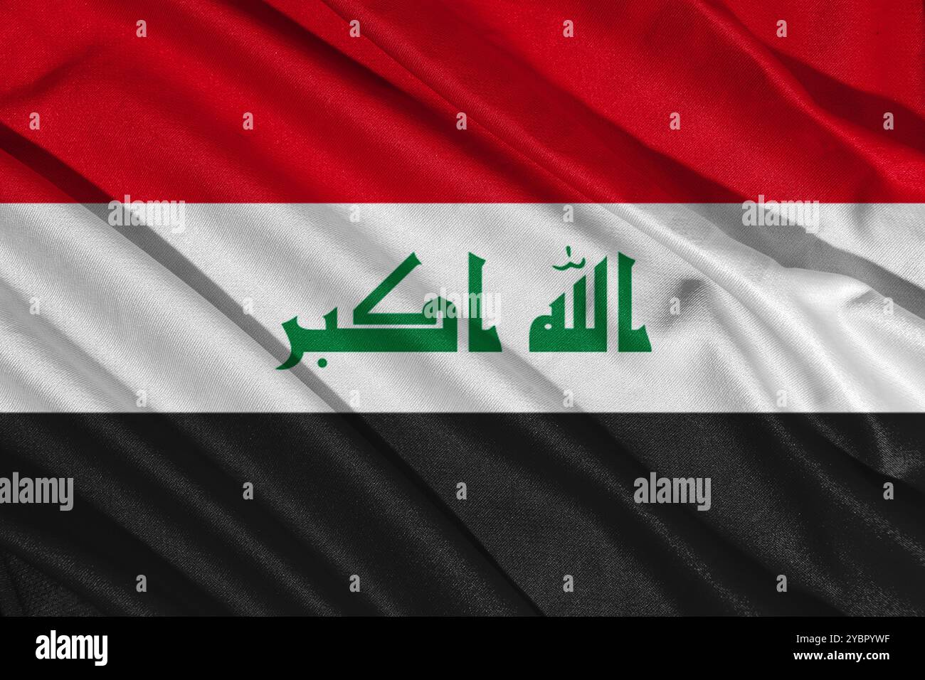 Closeup, 3D illustration of Iraq satin flag with wavy fabric texture ...