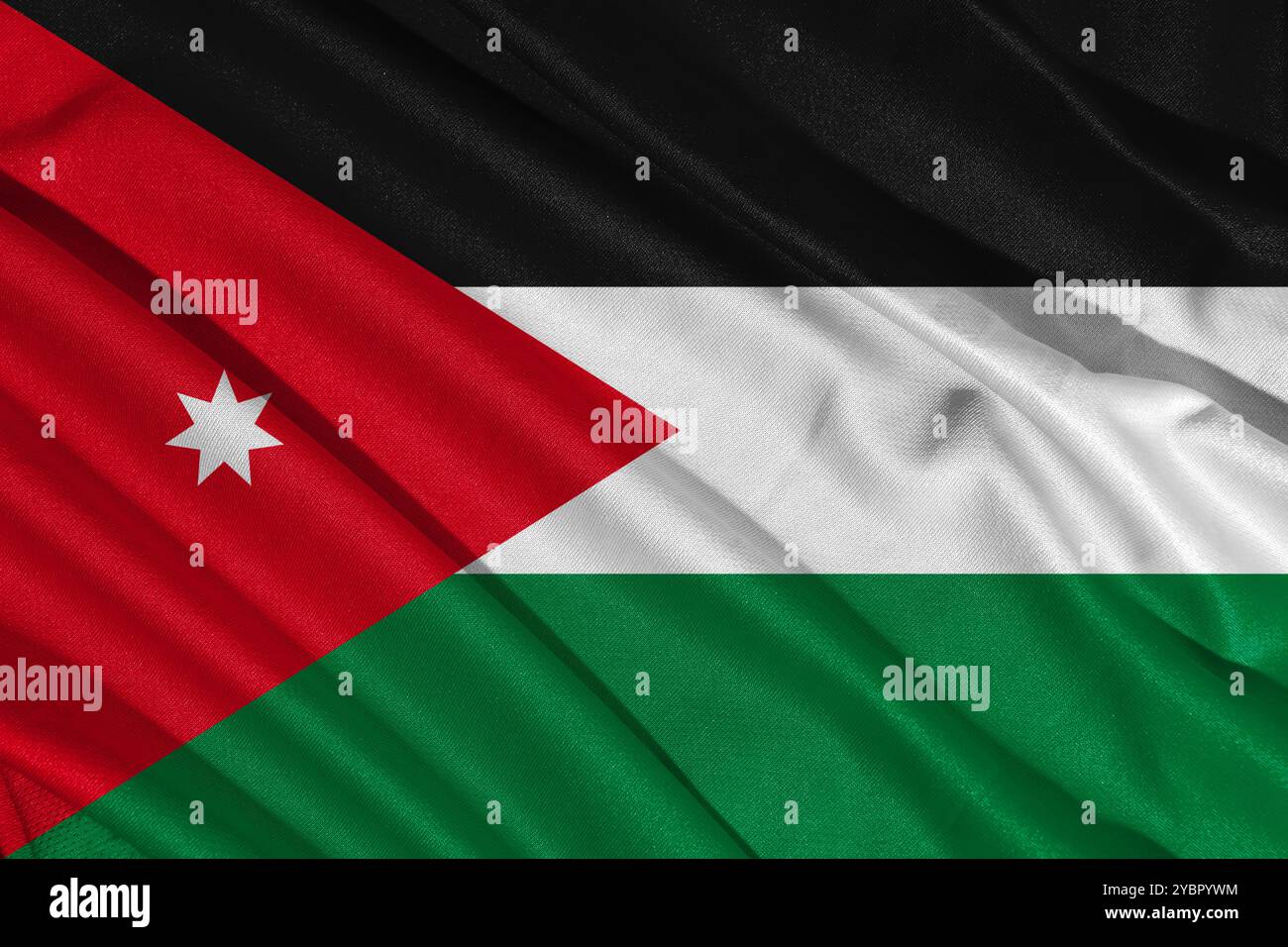 Closeup, 3D illustration of Jordan satin flag with wavy fabric texture ...