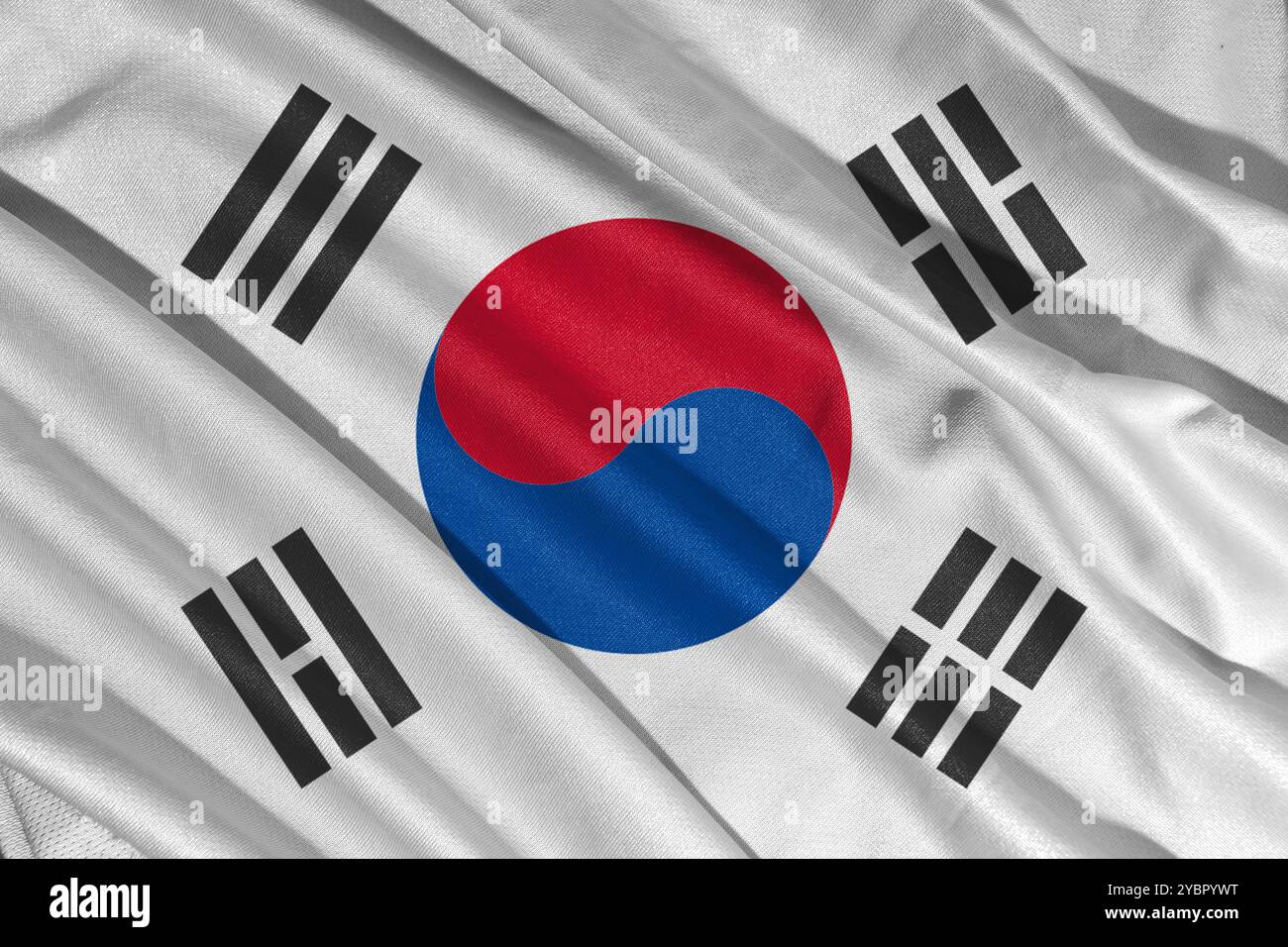 Closeup, 3D illustration of South Korean flag satin with wavy fabric ...
