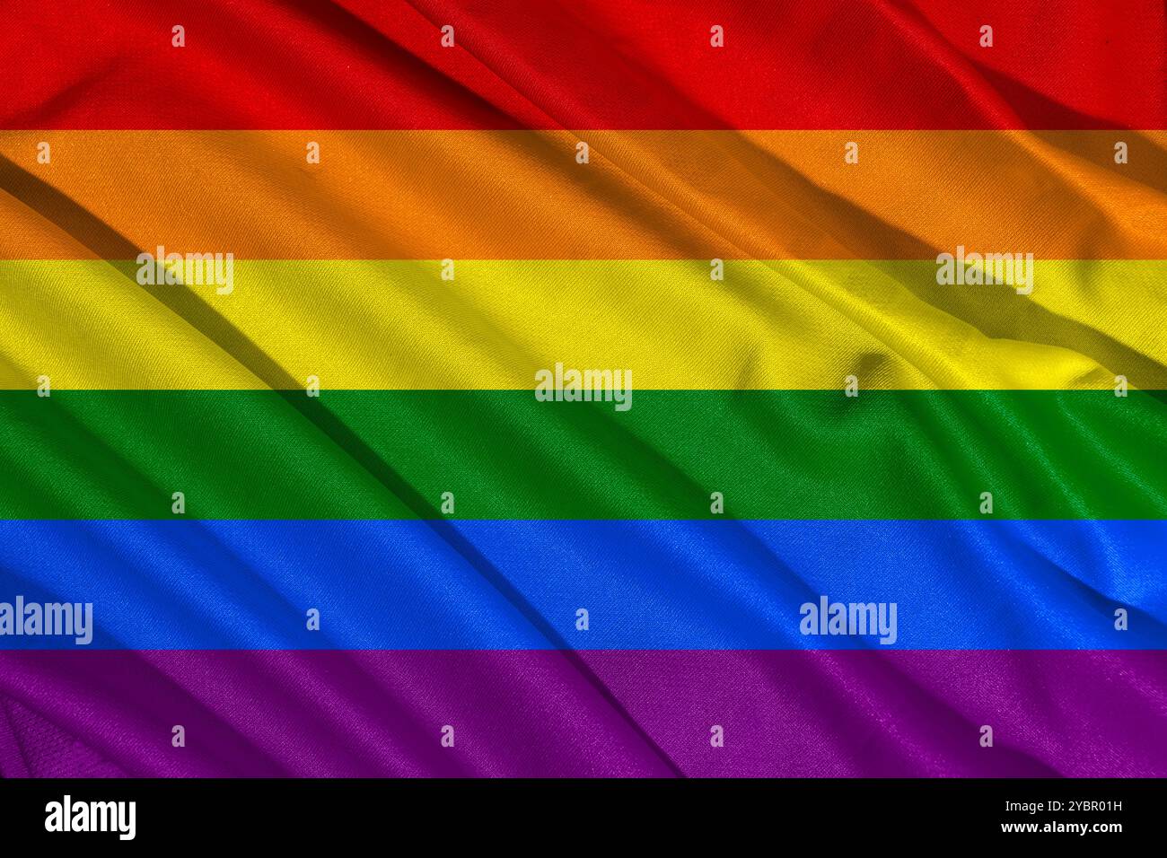 Closeup, 3D illustration of Rainbow satin flag with wavy fabric texture ...