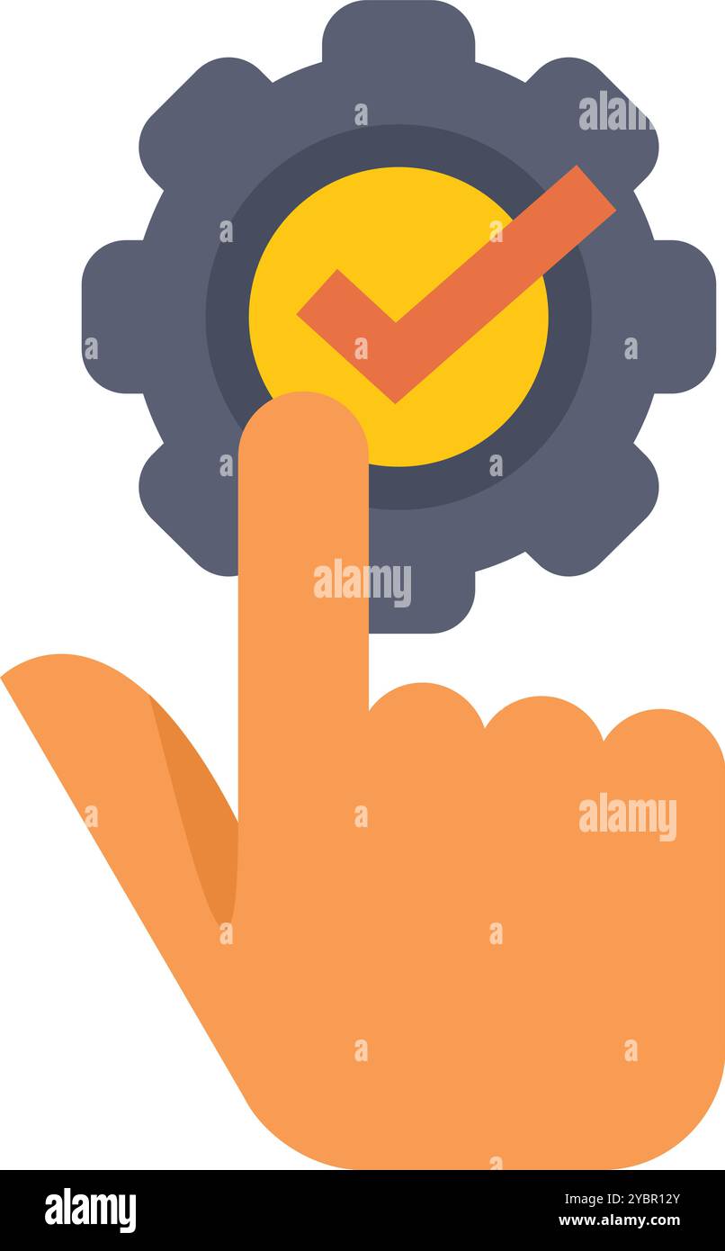Hand is pointing at a gear with a check mark icon symbolizing a ...