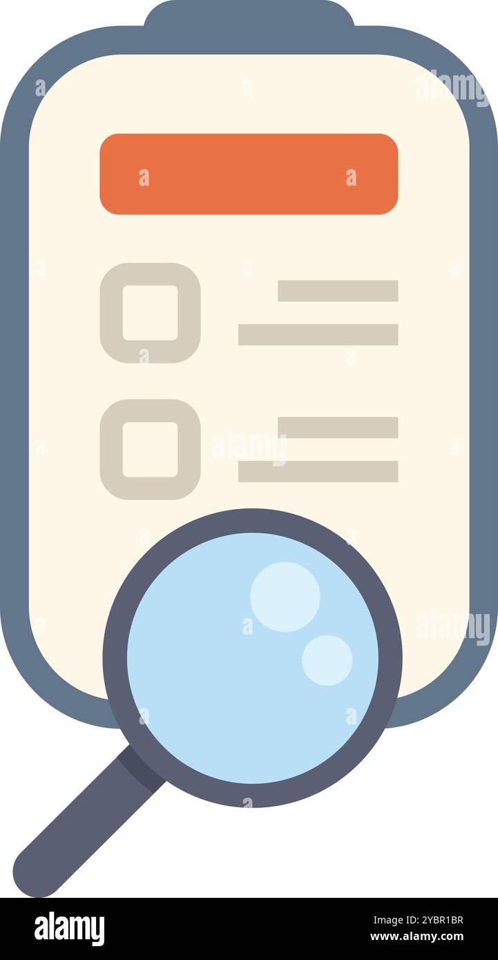 This icon features a magnifying glass examining a checklist on a ...