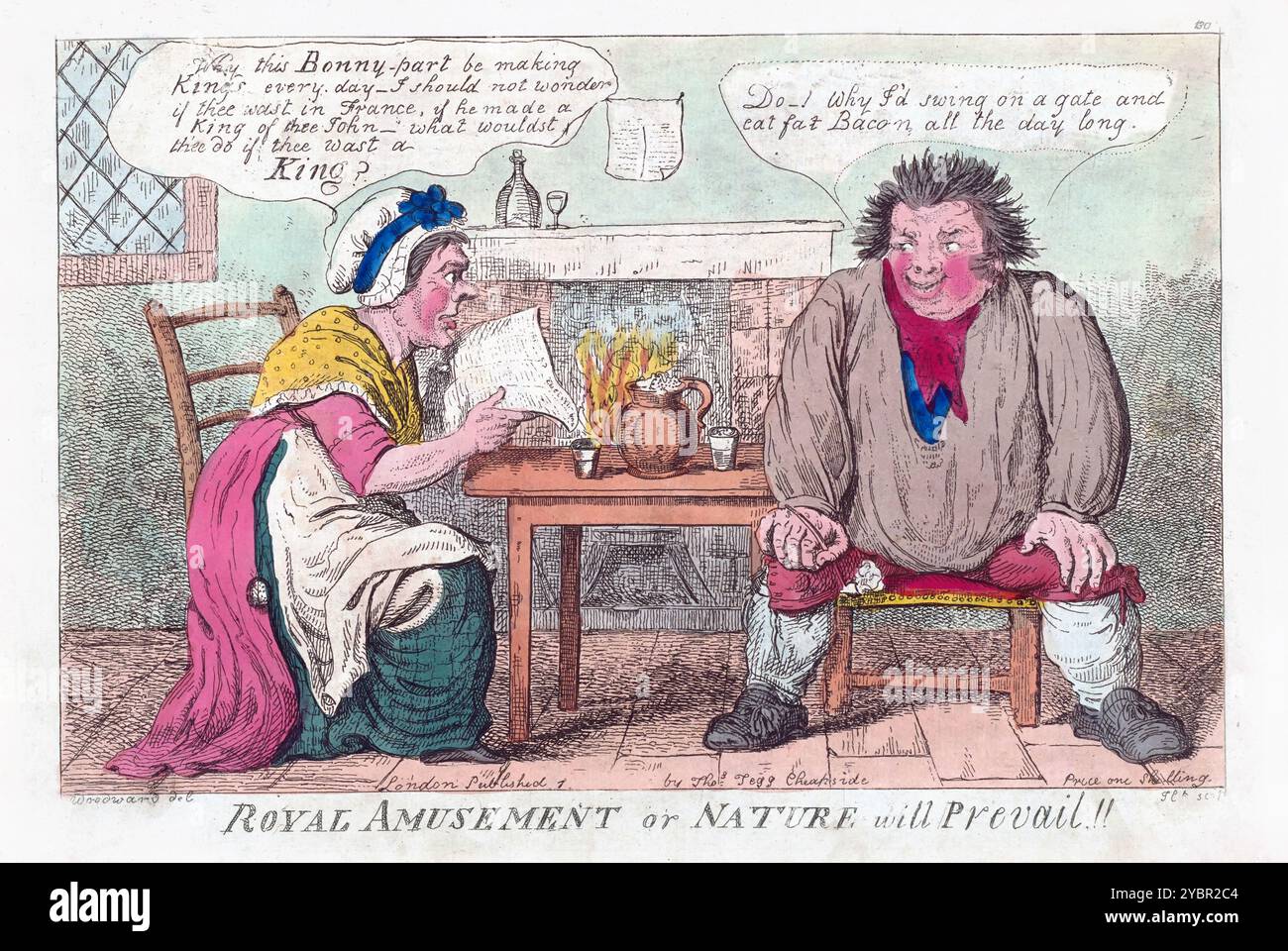 A humorous cartoon print coloured engraving of Royal amusement or ...