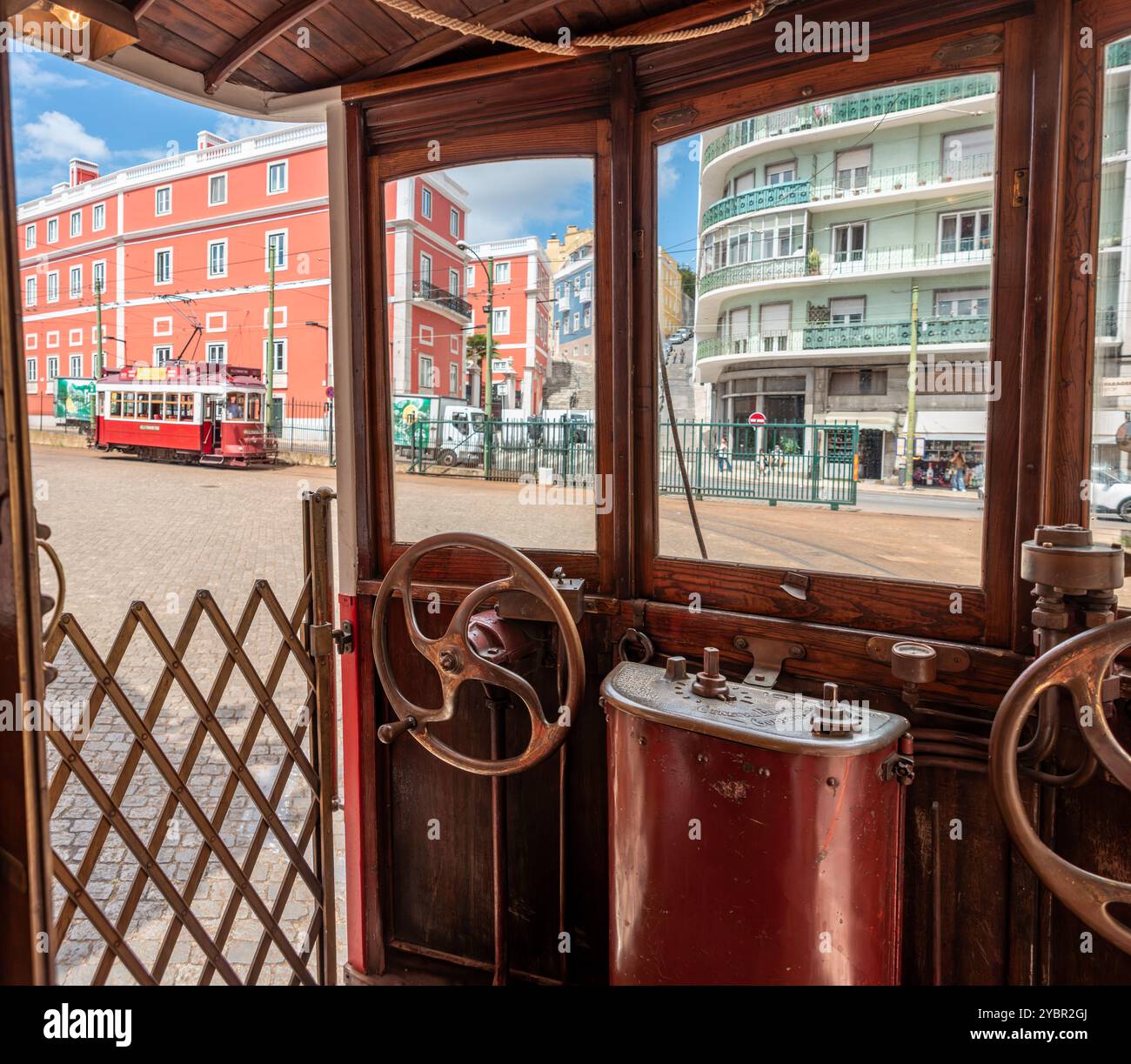 Drivers cabin of an old historic tram in Lisbon, Portugal Stock Photo ...