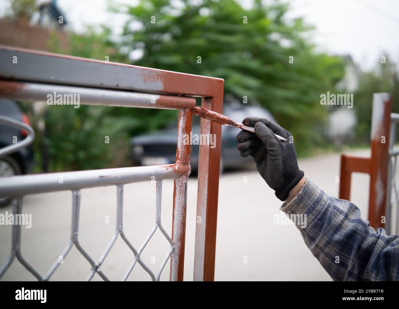 Male hand painting metal fence with a brush with red oxide metal primer ...