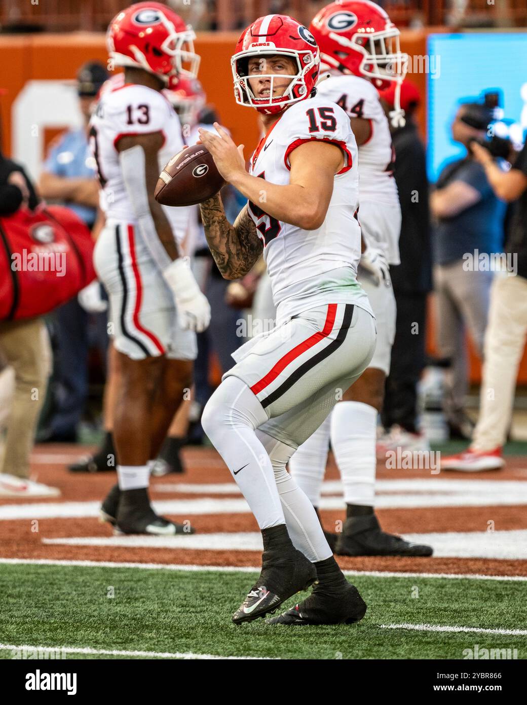 Oct 19, 2024. Carson Beck #15 of the Georgia Bulldogs warming up before the game vs the Texas ...