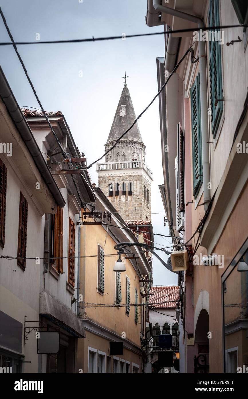 Panorama of the Mestni Stolp city tower of Koper, seen from a typical ...