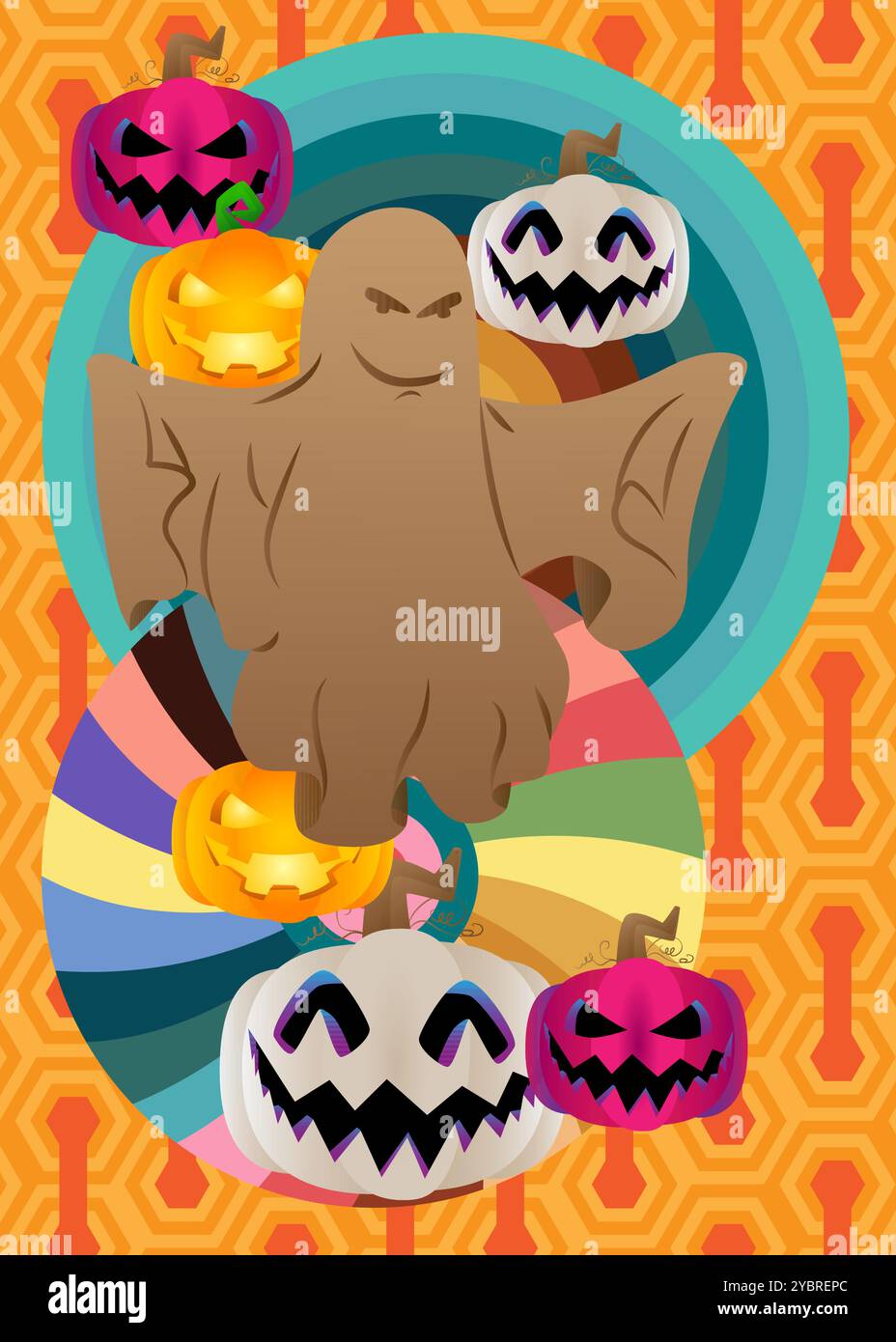 Retro 70s Background with Halloween Jack O' Lantern Pumpkin and Ghost ...