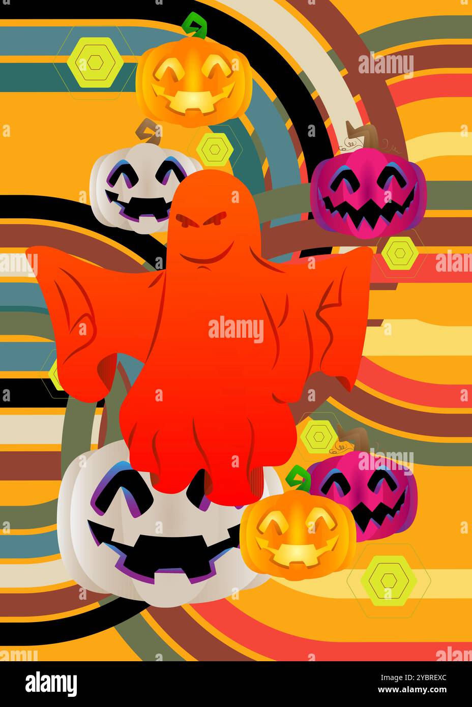 Retro 70s Background with Halloween Jack O' Lantern Pumpkin and Ghost ...