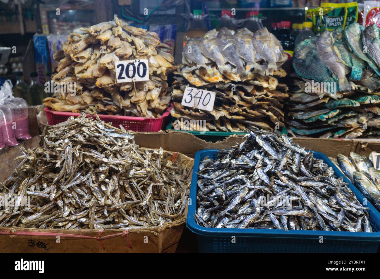 Oriental Mindoro, Philippines. Selling dried fish at the local market ...