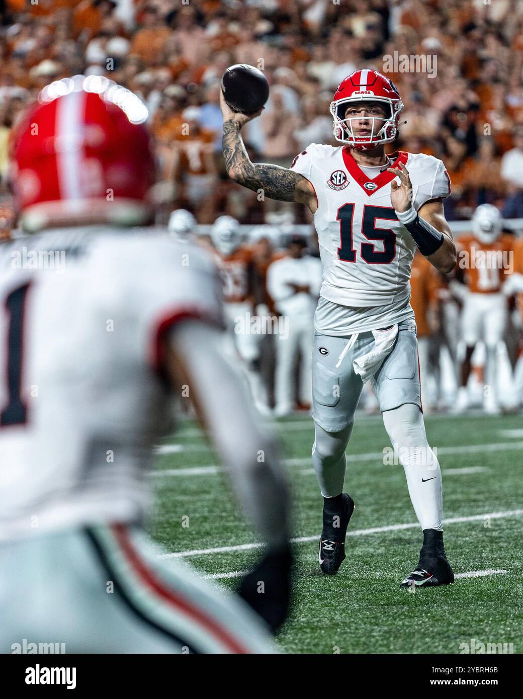 Oct 19, 2024. Carson Beck #15 of the Georgia Bulldogs in action vs the Texas Longhorns at DKR ...