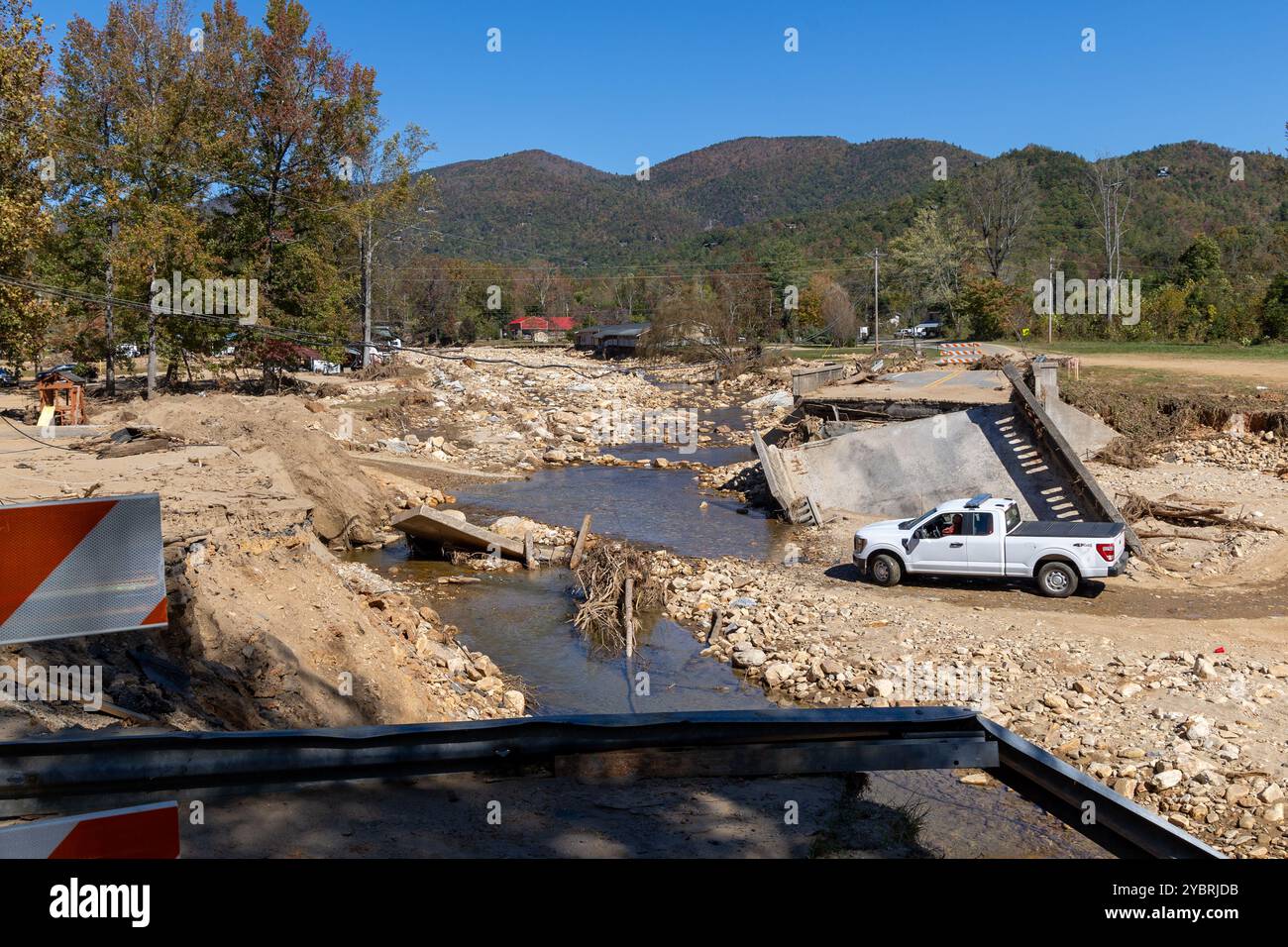 A severely damaged bridge over the North Fork of the Catawba River in ...