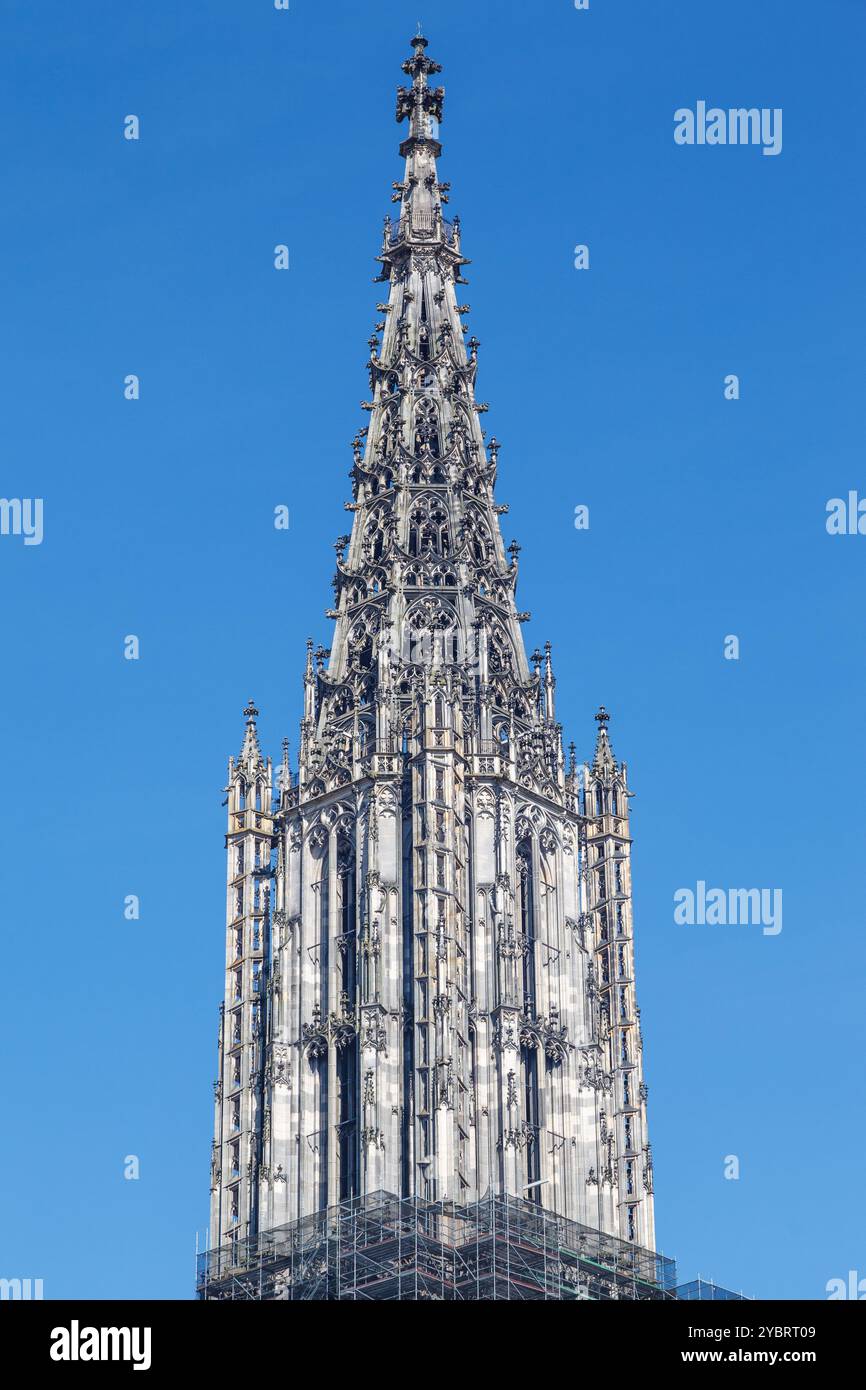 The historic tower of the Ulm Munster gothic cathedral in downtown ...