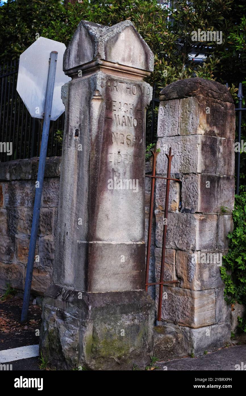 Historic sandstone gate post, Carthona, Beach Manor, Lindsay, Neidpath ...