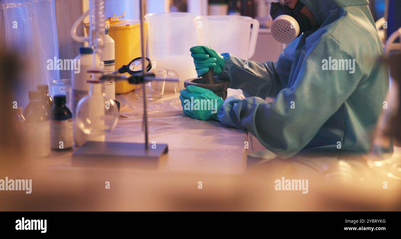 Chemical, forensic scientist and process of science, lab and liquid for ...