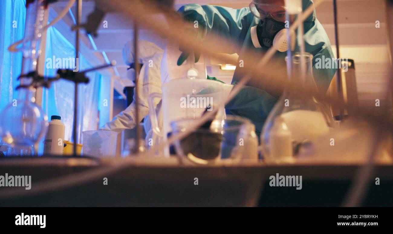 Drugs, person and gas mask with chemicals for production of illegal ...