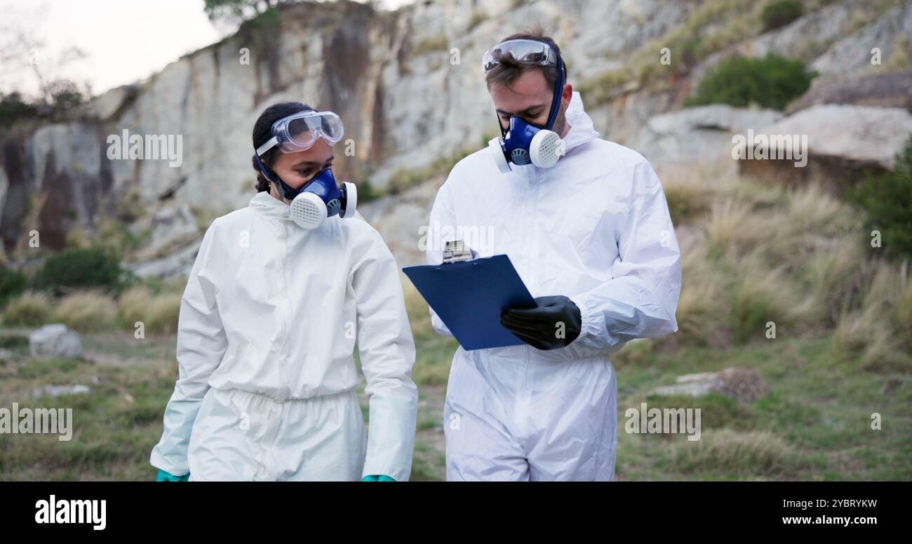 Outdoor, forensic scientist and investigation for clues, team and ...