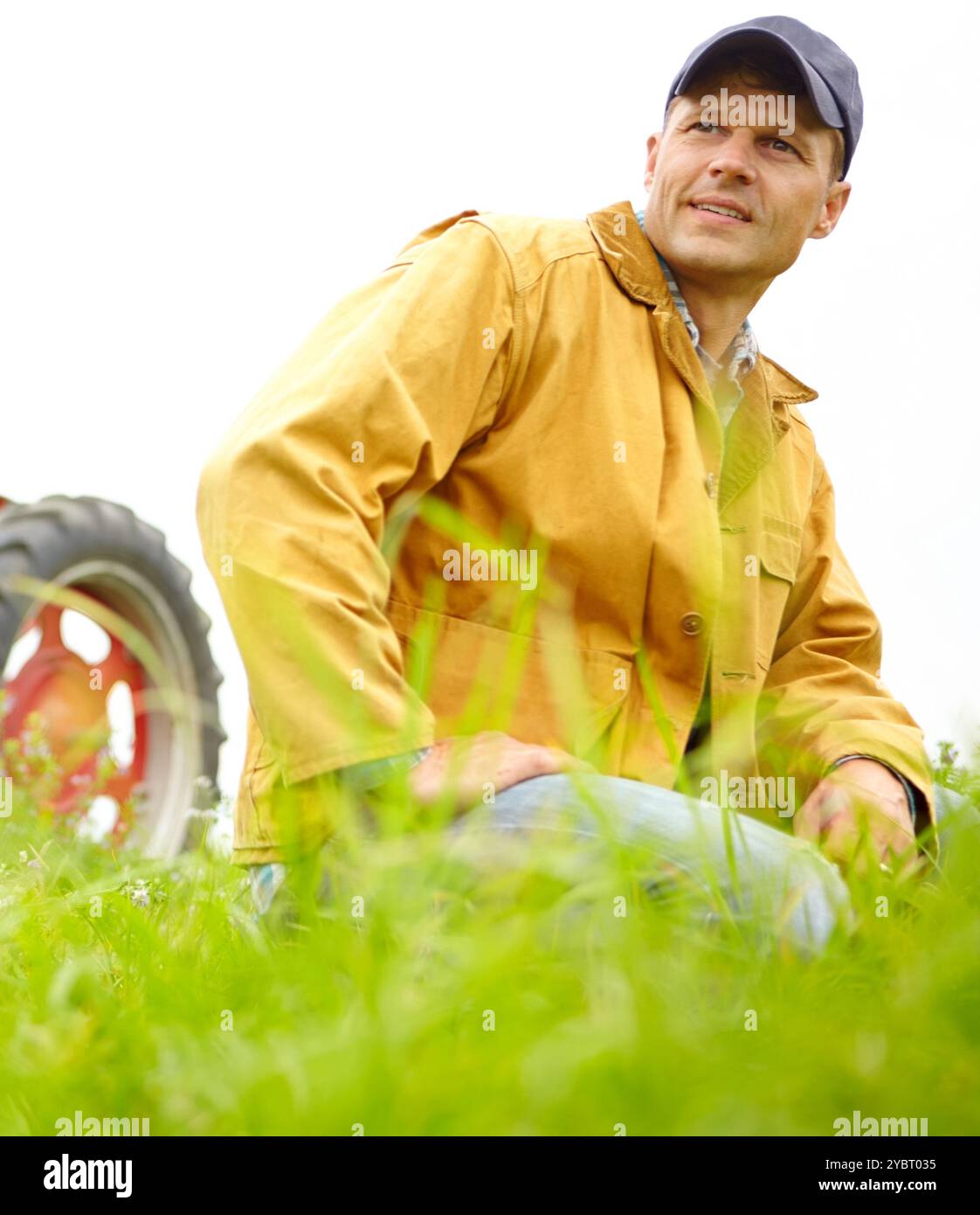 Tractor, thinking and man on farm in nature for harvesting plants ...