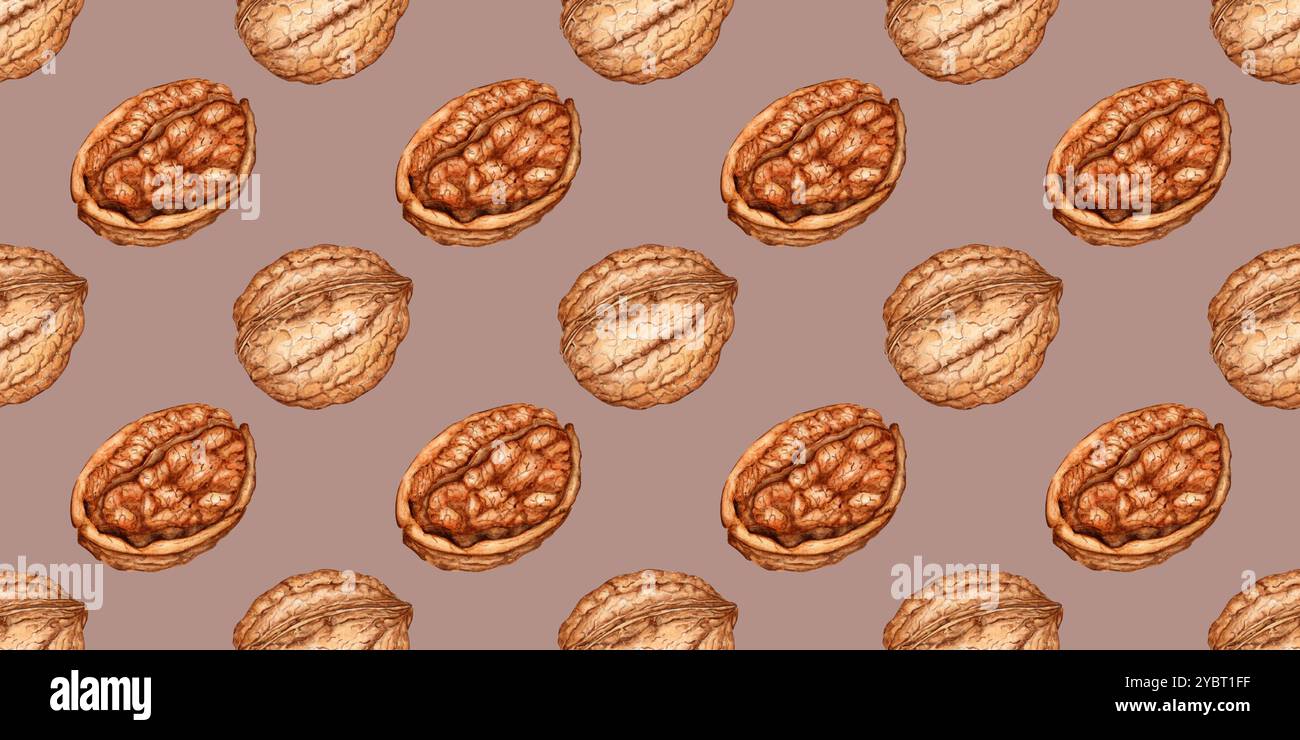 Whole nut and half pattern on brown background watercolor illustration ...