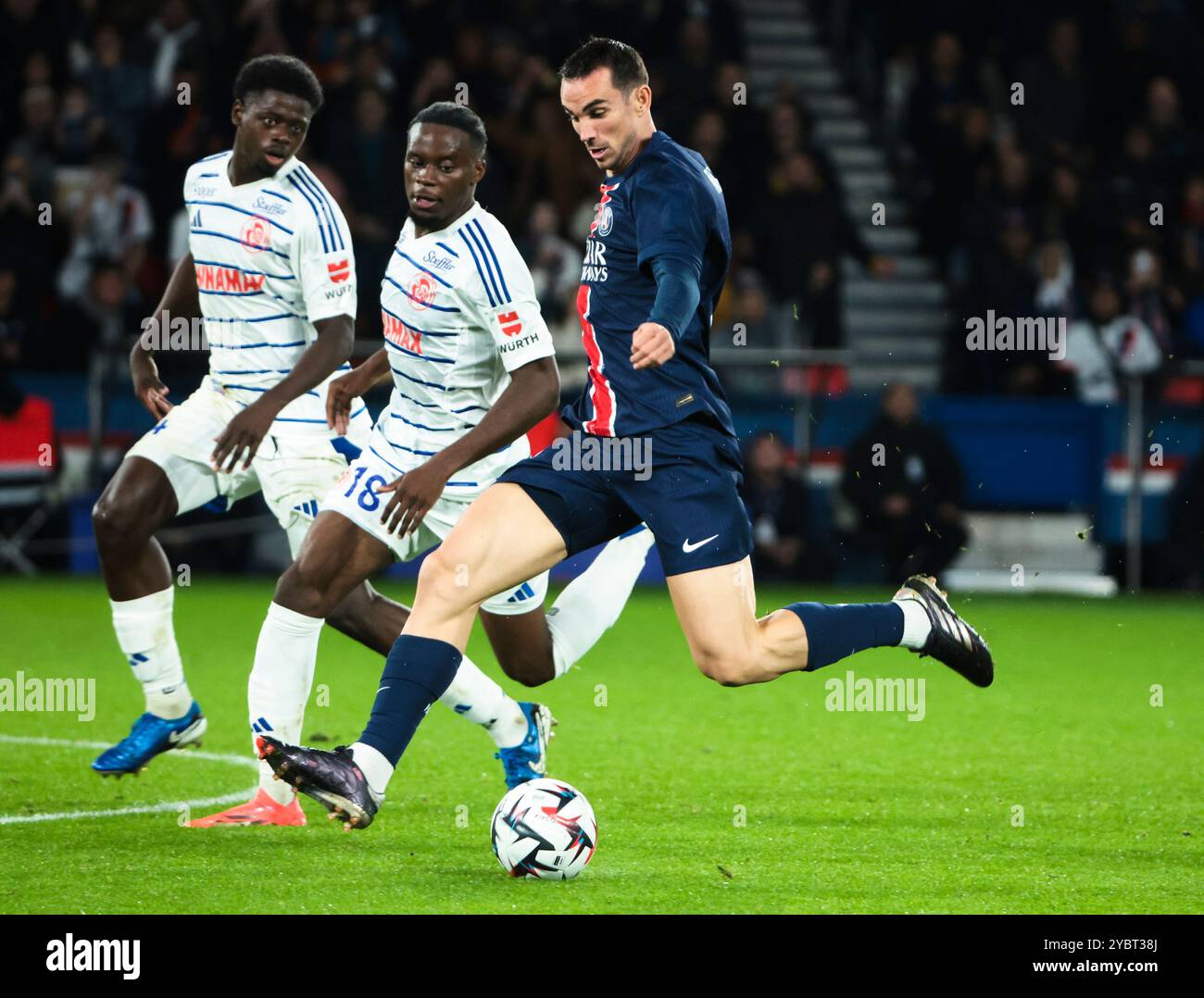 Paris, France. 19th Oct, 2024. Fabian Ruiz Pena of PSG, left Junior Mwanga, Saidou Sow of ...