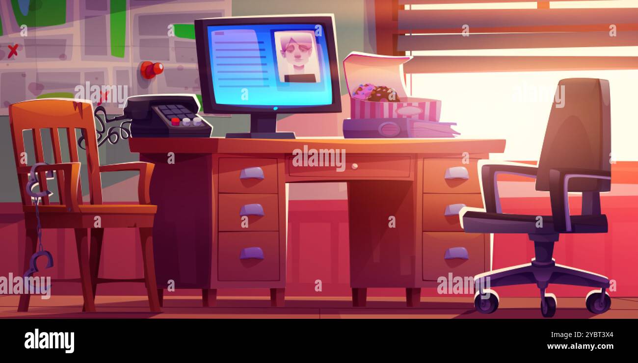 Police department office interior with detective workplace. Cartoon ...