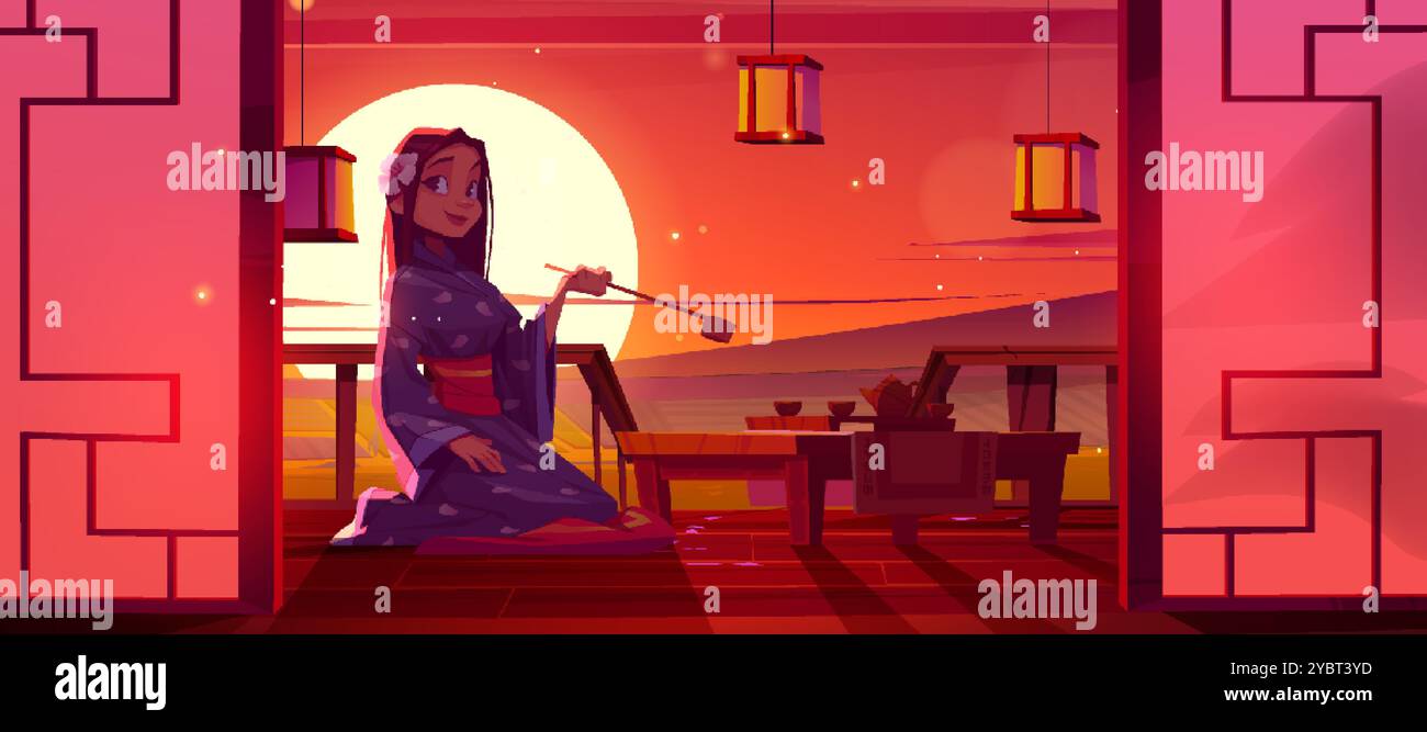 Asian girl making traditional tea ceremony. Vector cartoon illustration ...