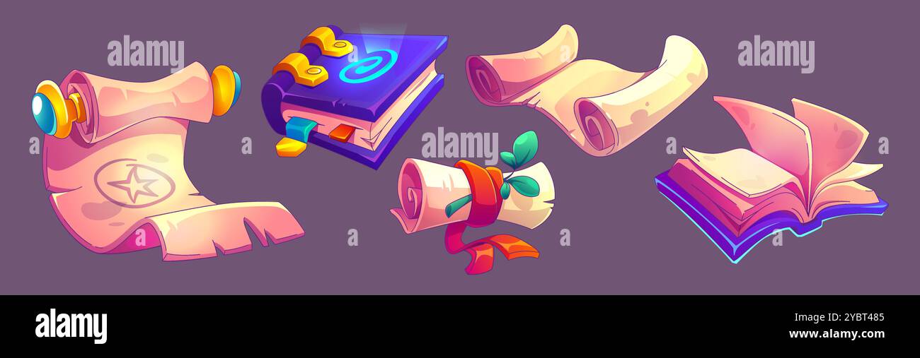 Magic book, old scroll and medieval parchment. Ancient spell paper ui game vector. Fantasy ...